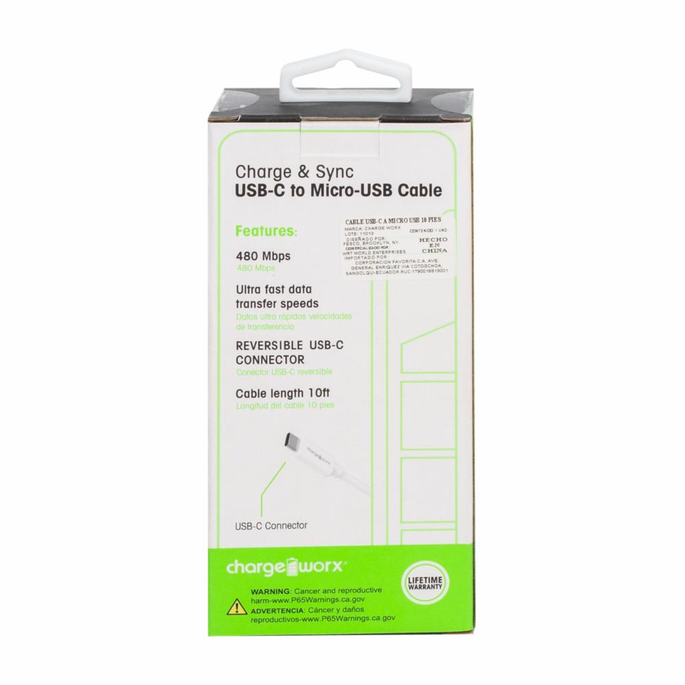 Cable Usb-c A Micro- Usb CHARGE WORX 10 Pies - Megamaxi