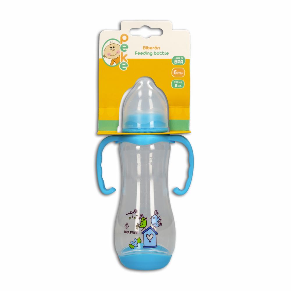 Biberón Ergonómica 6m + Con Agarradera Color Azul PEKE 250 Ml - Megamaxi