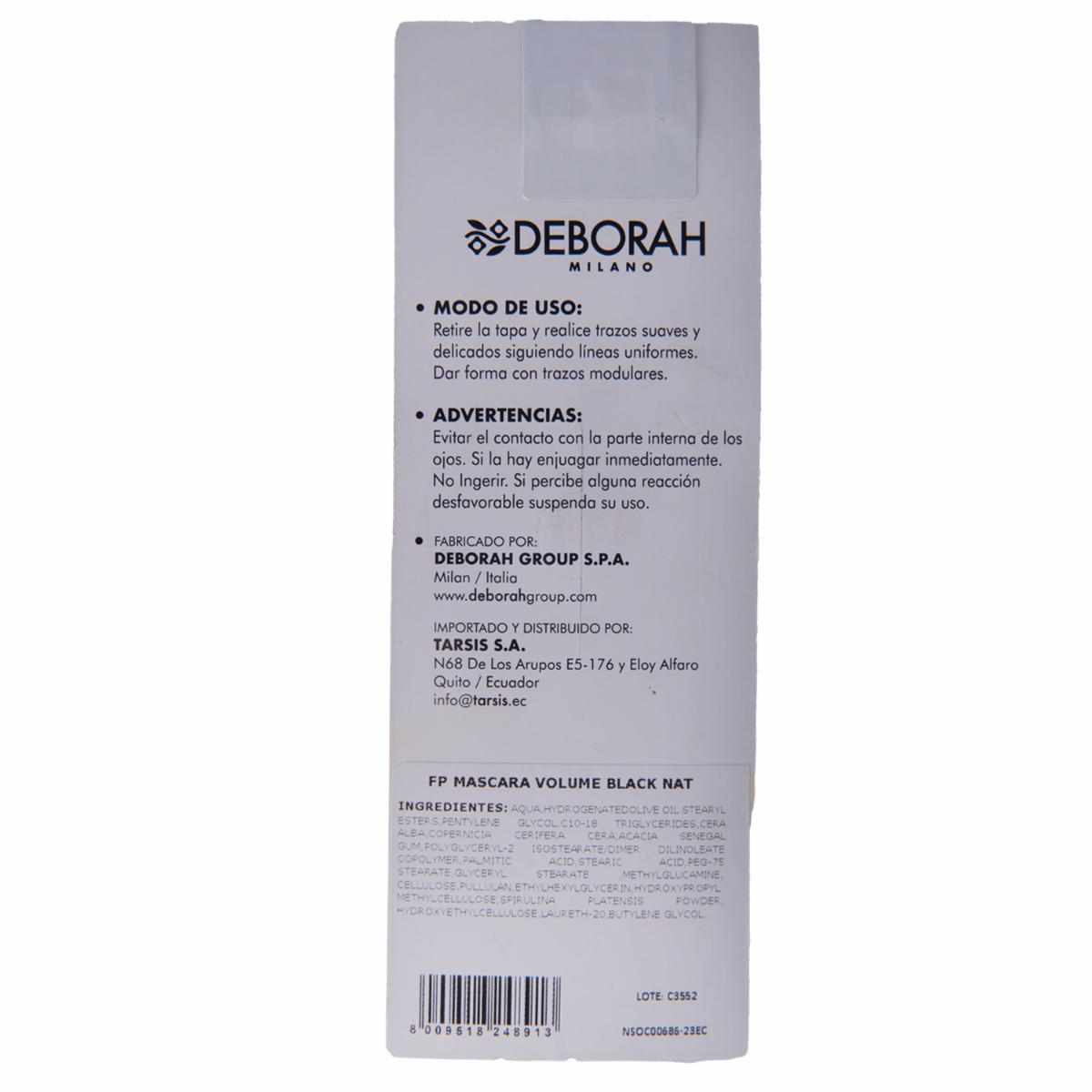 Máscara De Pestañas Fórmula Pura Volume Negro Nat DEBORAH MILANO 12 Ml ...