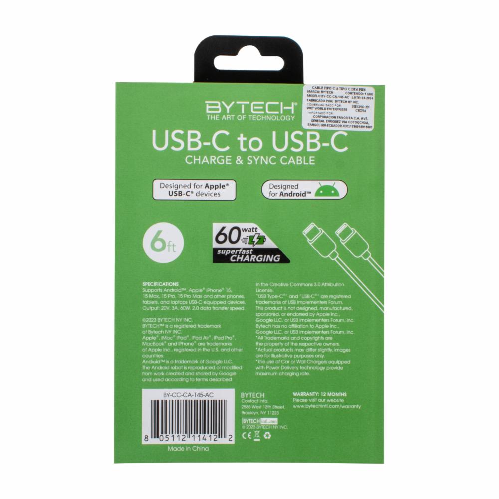 Cable Cargador USB-C Hacia USB-C BYTECH 1.82 M - Megamaxi